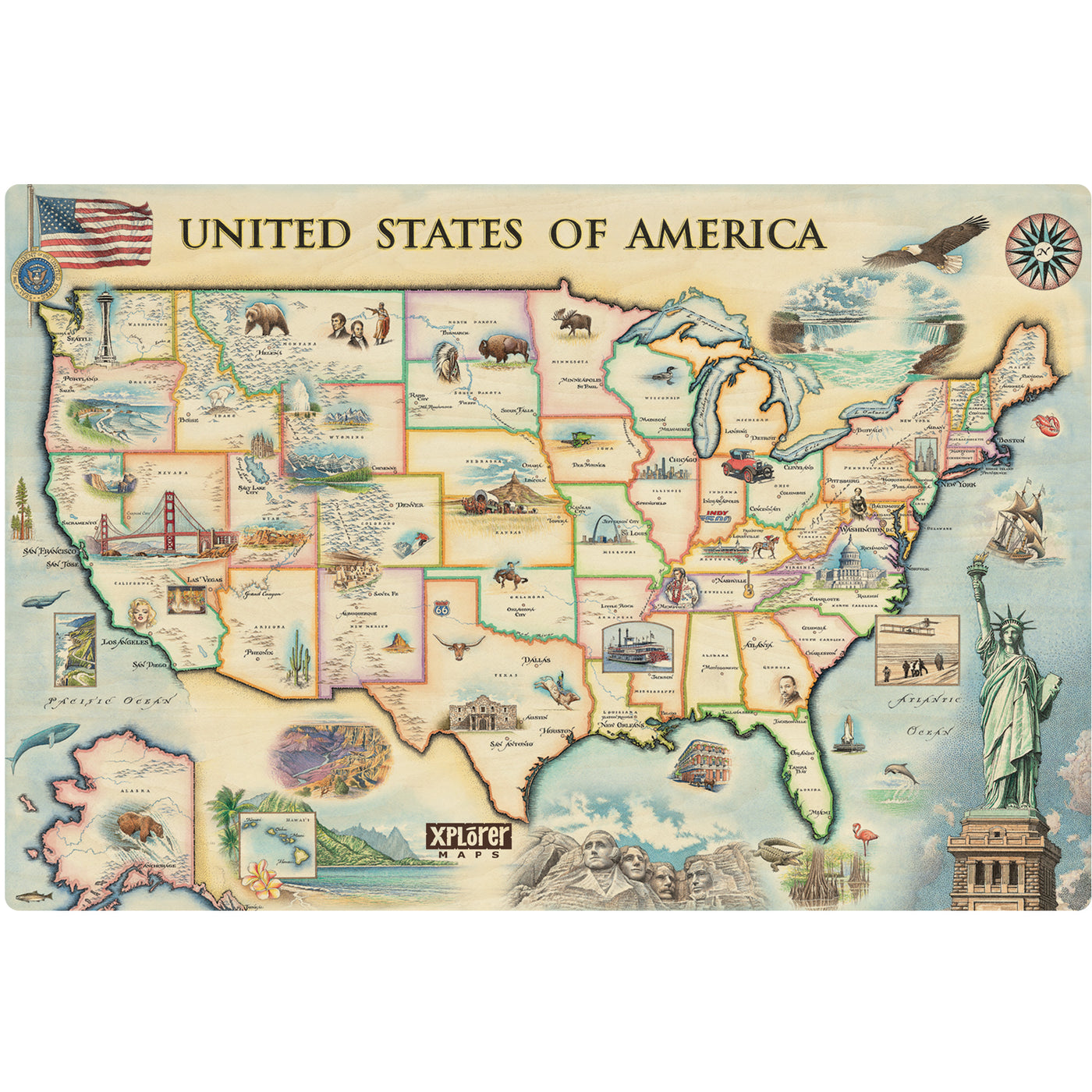 USA Map Art Wood Sign - Hand-Drawn, Illustrated Map of USA